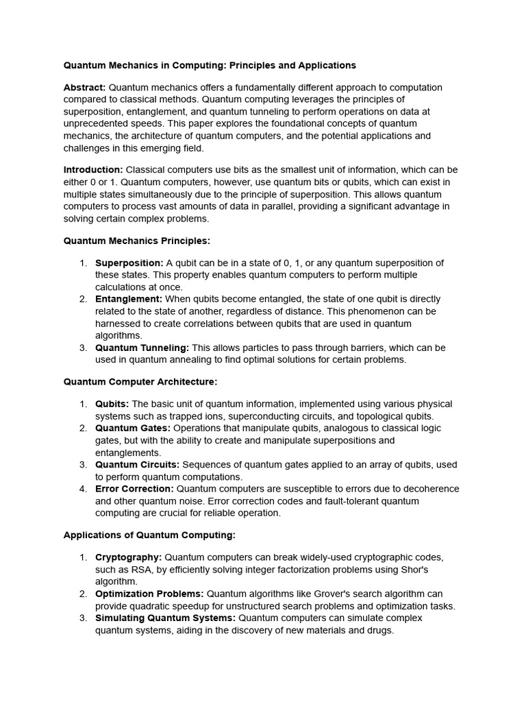 Quantum Mechanics in Computing - Principles and Applications | PDF ...