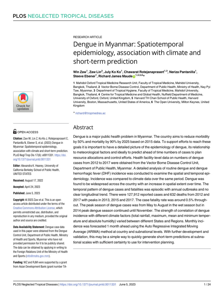 Spatial Temporal Epidemiology Of Dengue In Myanmar Pdf