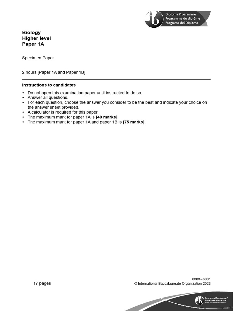 Biology Higher Level Paper 1A - SP | PDF | Cell Membrane | Cell (Biology)