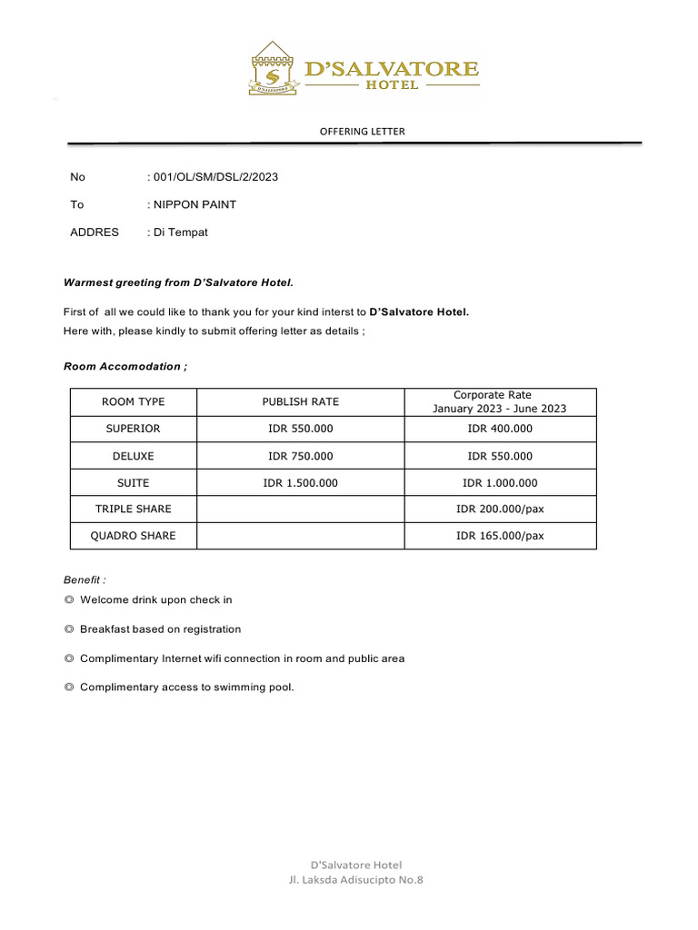 Hotel Jogja Offering Letter Ta D'salvatore Hotel Nippon Paint 2023 | PDF