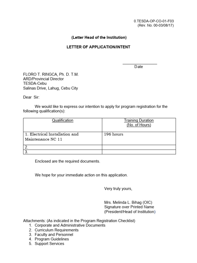 TESDA-SOP-CO-01-FO1-Letter of Intent | PDF | Technology & Engineering