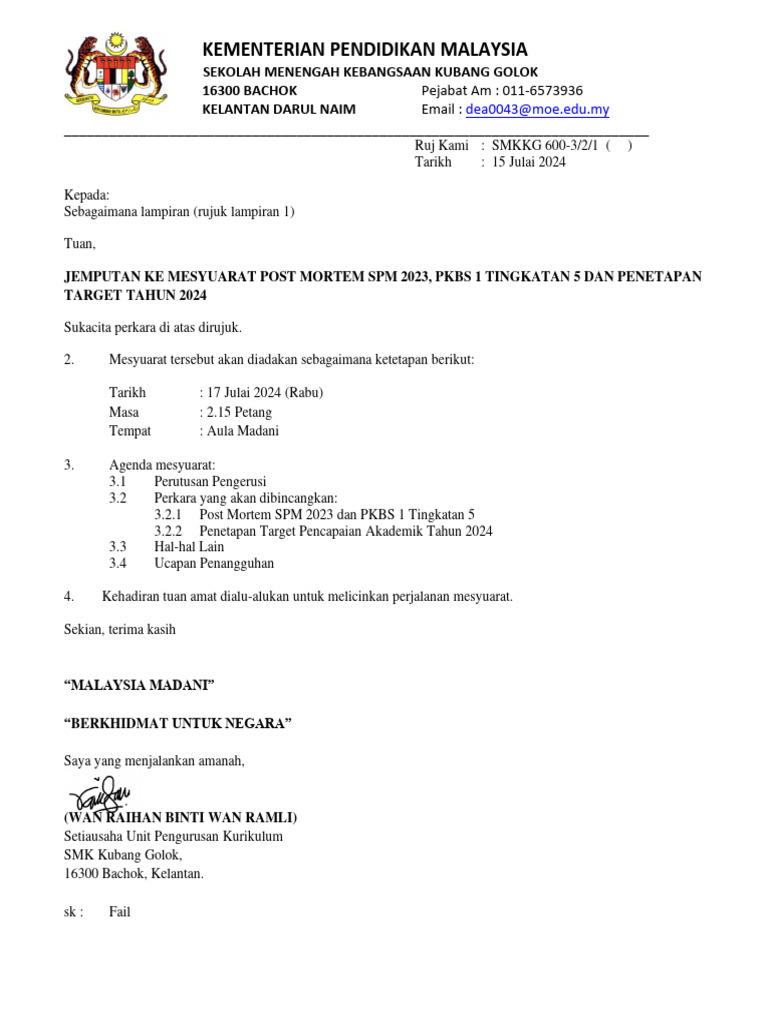surat jemputan MESYUARAT POST MORTEM SPM 2023 N TARGET2024 | PDF