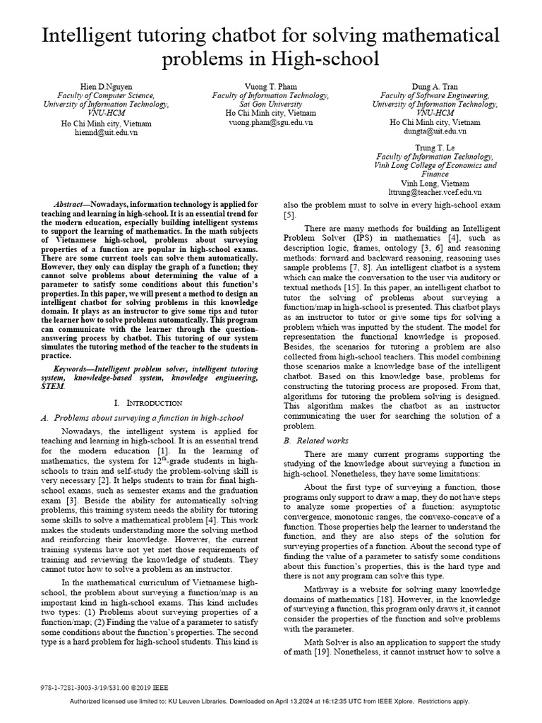 Intelligent Tutoring Chatbot For Solving Mathematical Problems in High-School | PDF | Function ...