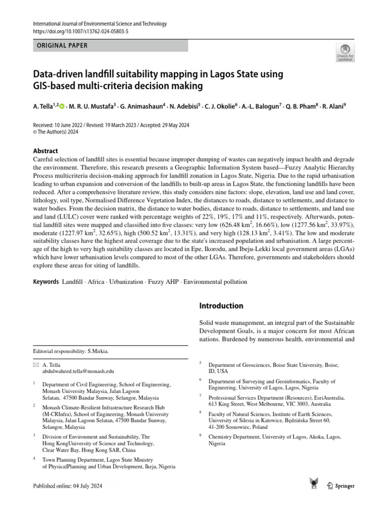 Data Driven Landfill Suitability Mapping in Lagos State Using GIS Based Multi Criteria Decision ...