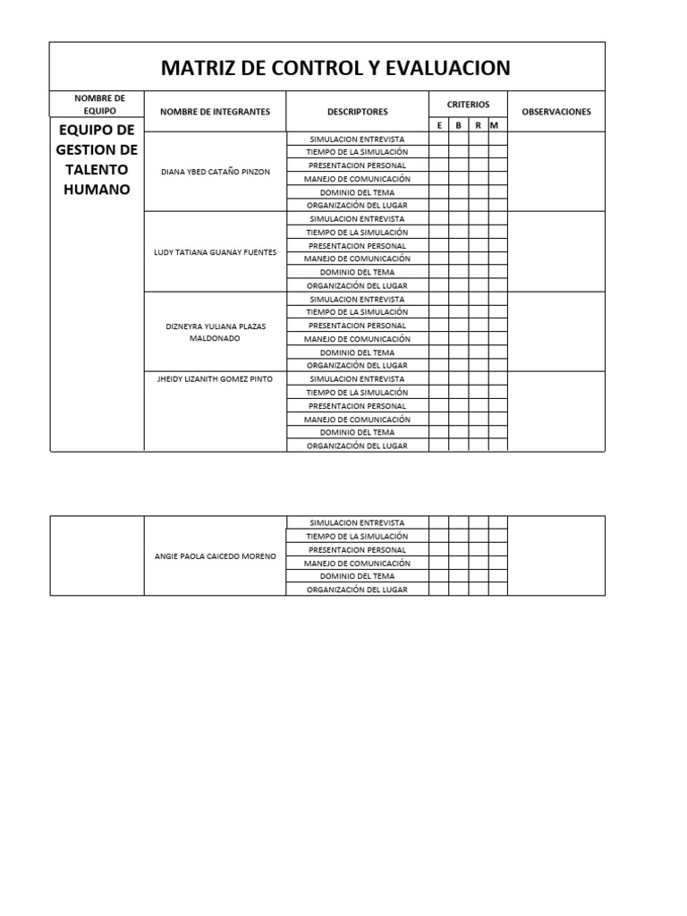Matriz de Control Y Evaluacion: Equipo de Gestion de Talento Humano | PDF