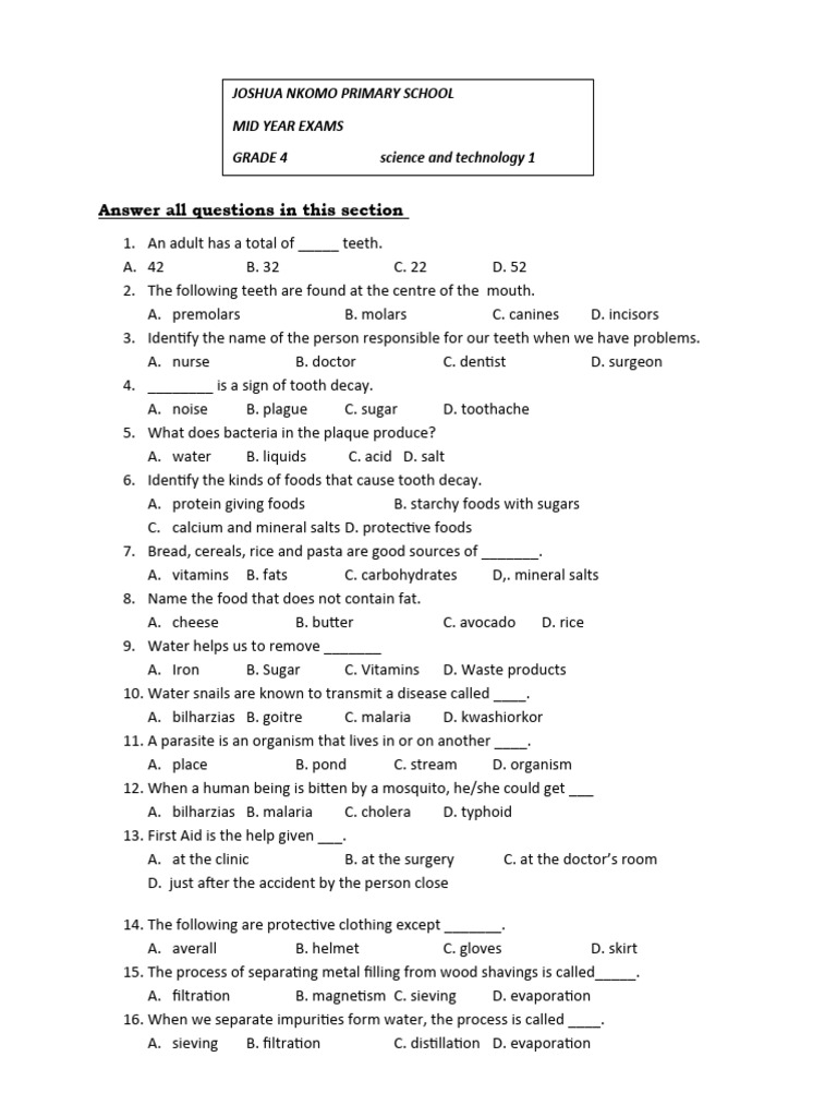Grade 4 Mid Year Scie and Technology Pp1 | PDF | Foods | Human Tooth