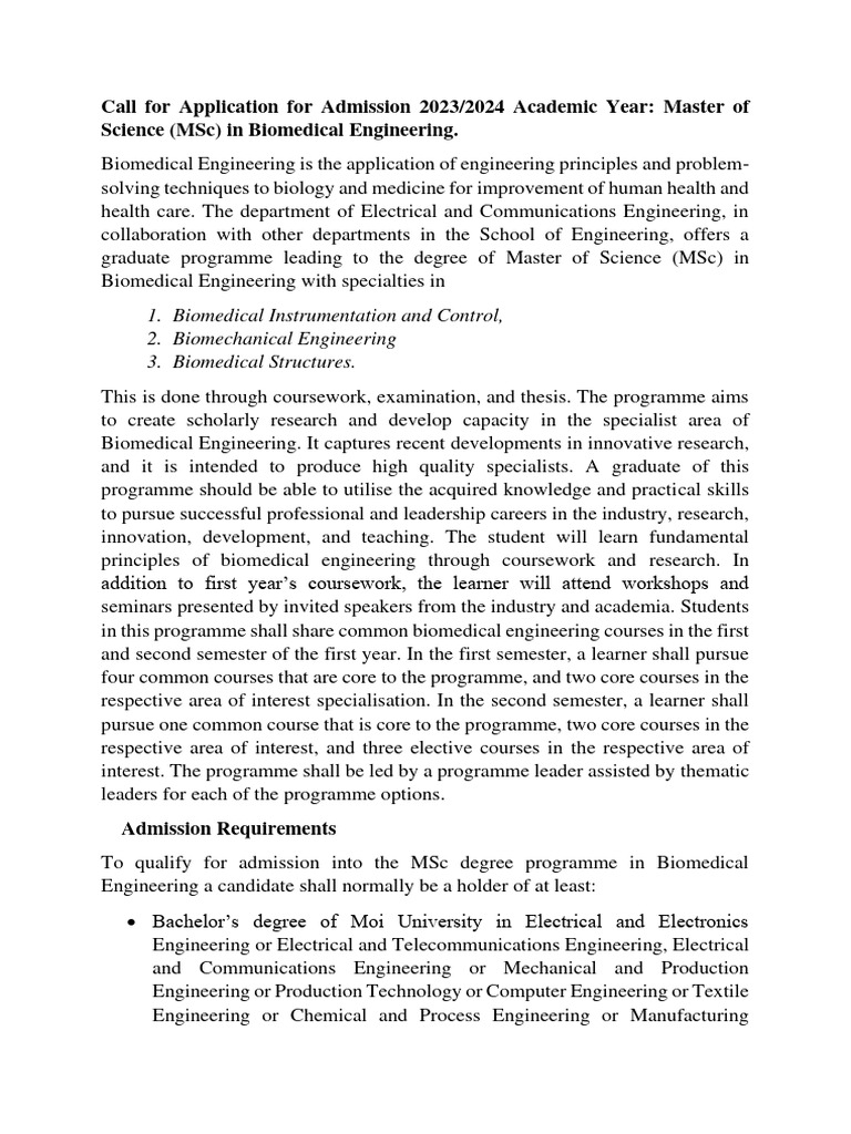 Call For Application For Admission 2023 MSc. Biomedical Engineering | PDF | Engineering ...