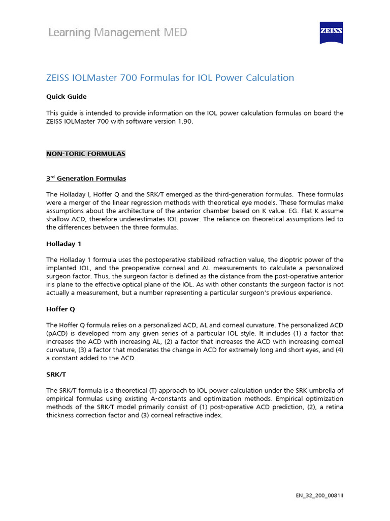 IOLM700 SW1.90 Formulas For IOL Power Calculation EN 32 200 0081II ...