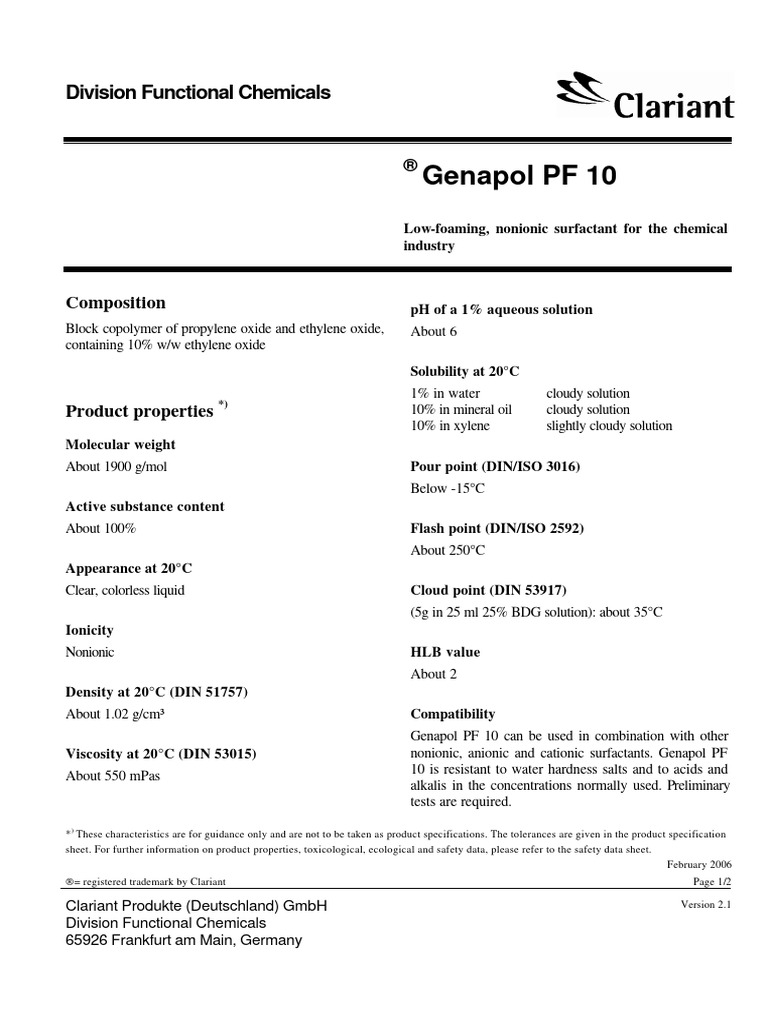 Genapol PF 10: Division Functional Chemicals | PDF | Emulsion | Surfactant