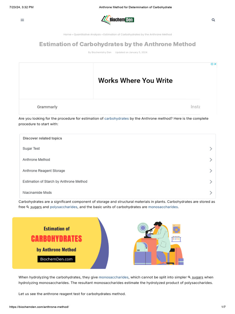 Anthrone Method For Determination of Carbohydrate | PDF | Carbohydrates ...