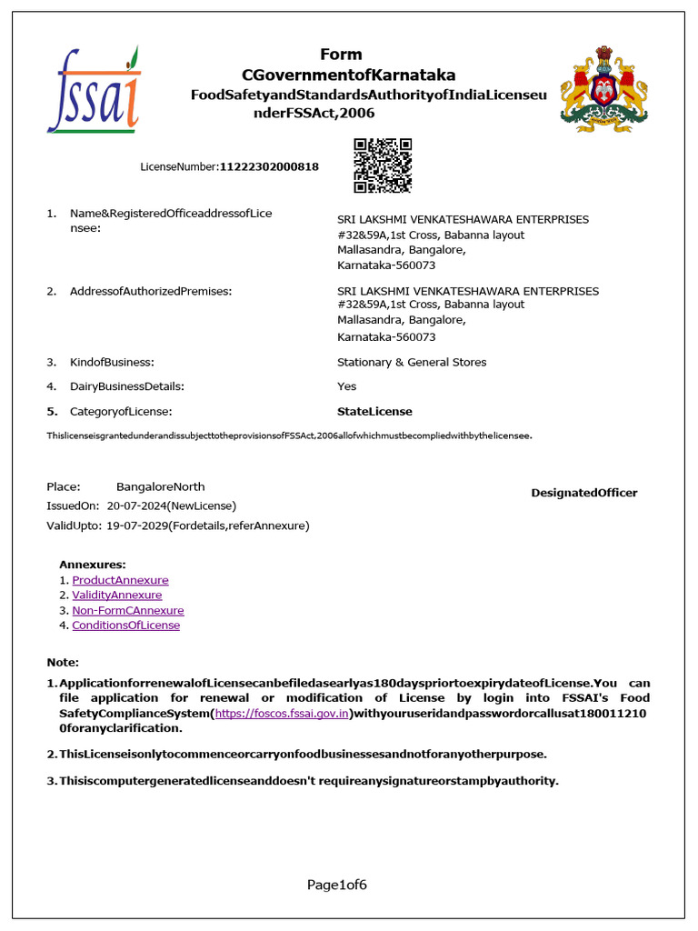 H631140414 BTG FSSAI License Bangalore | PDF