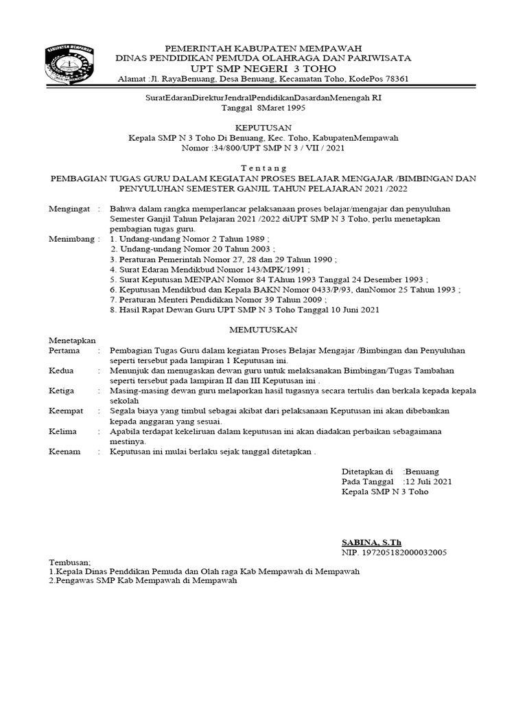 SK PEMBAGIAN TUGAS 2021-2022 Ganjil | PDF