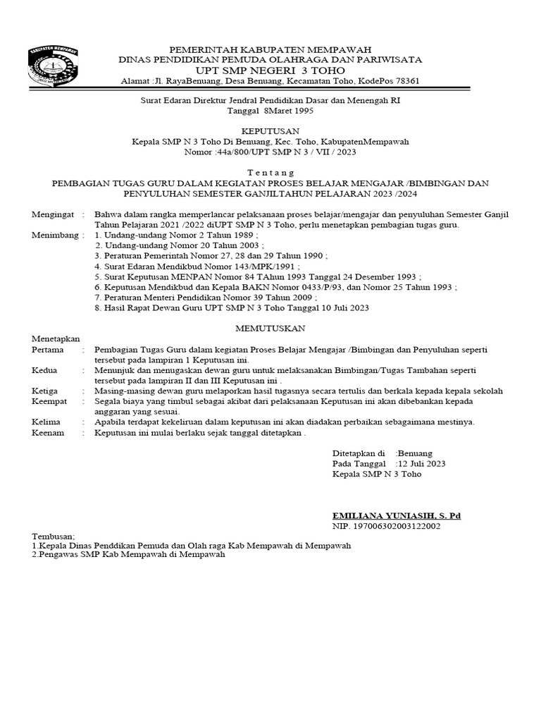 SK Pembagian Tugas 2022-2023 Ganjil | PDF