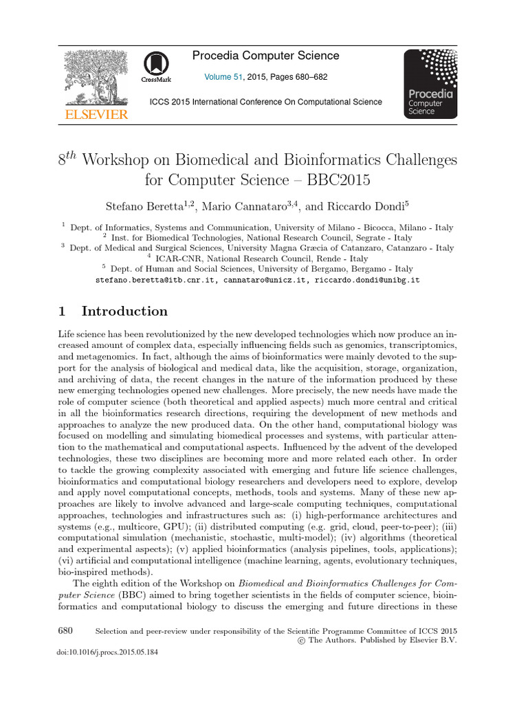 8th Workshop On Biomedical and Bioinformatics Challenge - 2015 - Procedia Comput | PDF ...
