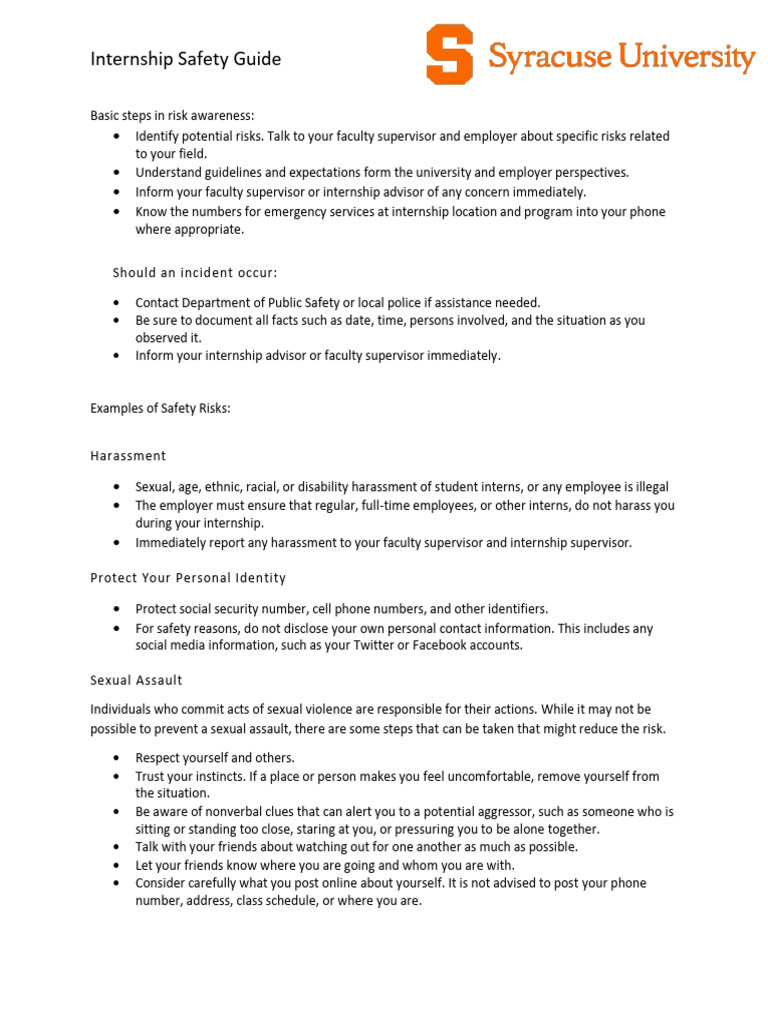 Internship-Safety | PDF | Harassment | Risk