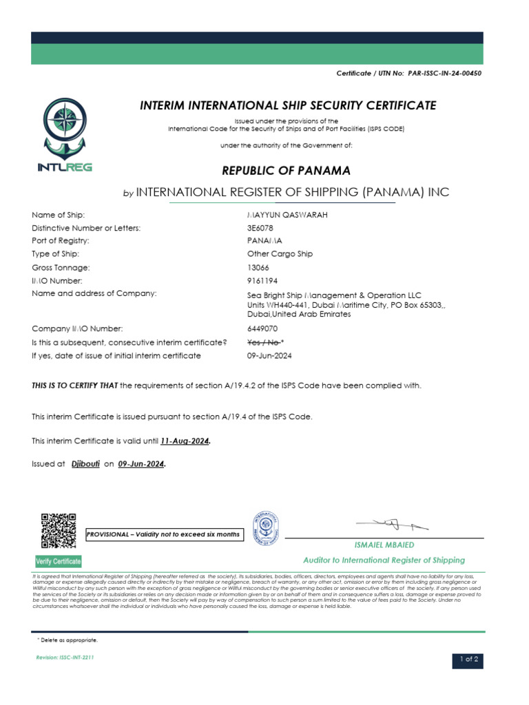 MAYYUN QASWARAH - ISSC - InternationalShipSecurityCertificateInterim (Ex. 11082024) | PDF ...