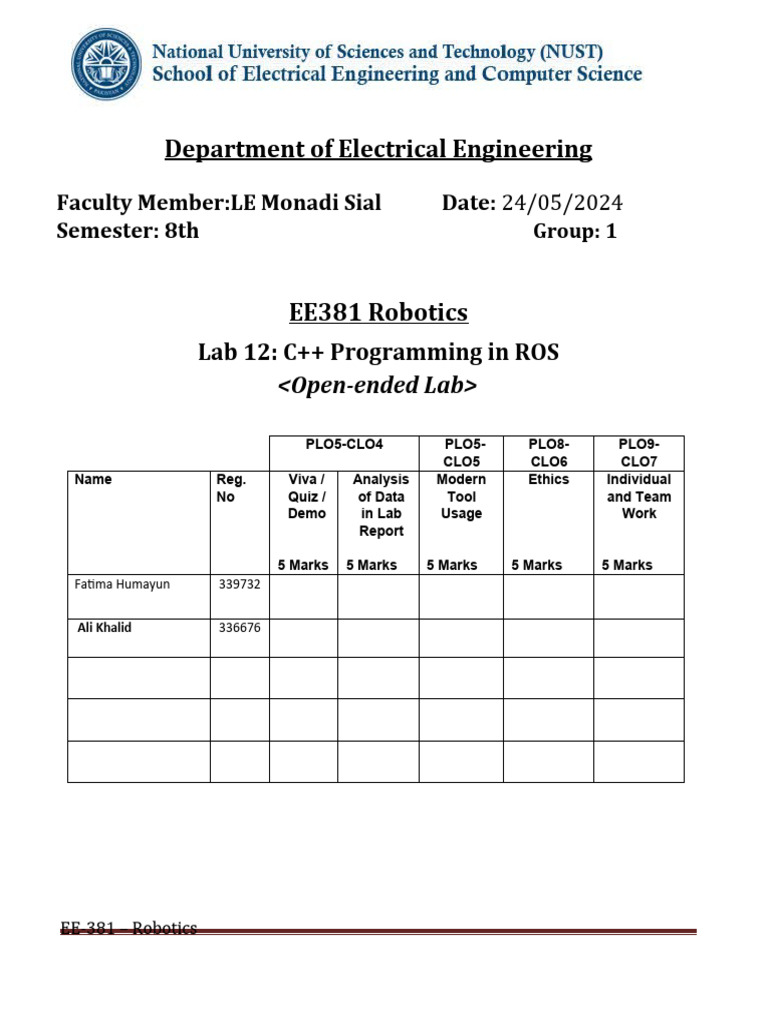 Robotics Lab 12 - C++ Programming in ROS (Open-Ended Lab) | PDF | Computer Programming | C++