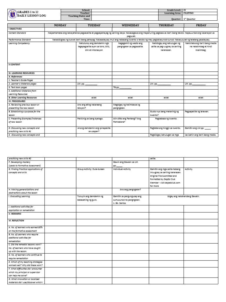 GRADES 1 To 12 Daily Lesson Log Monday Tuesday Wednesday Thursday ...