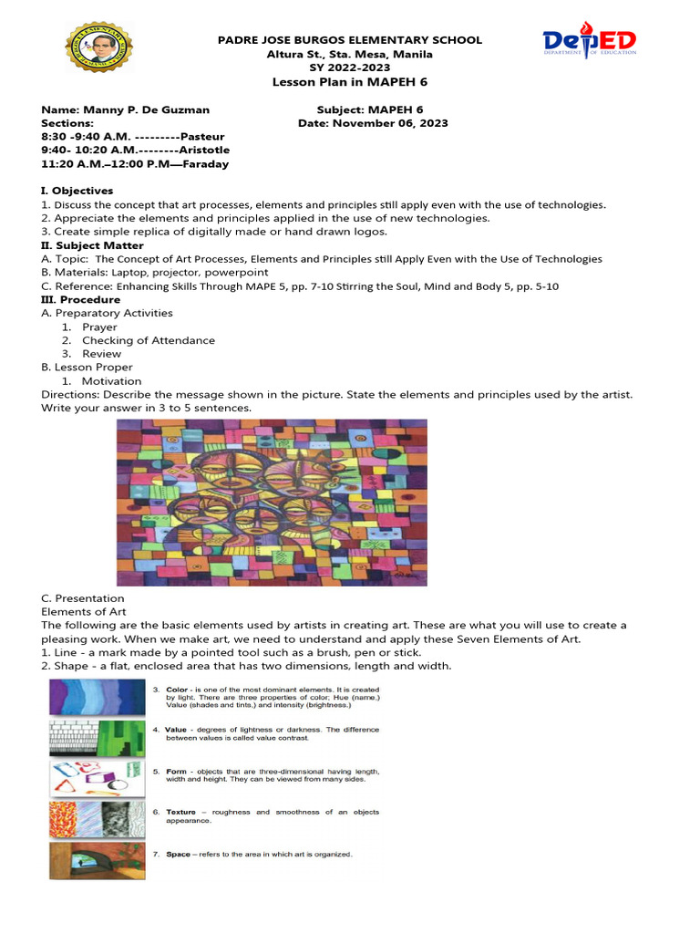 2nd Quarter Lesson Plan Art Lesson 1 Part 1 | PDF