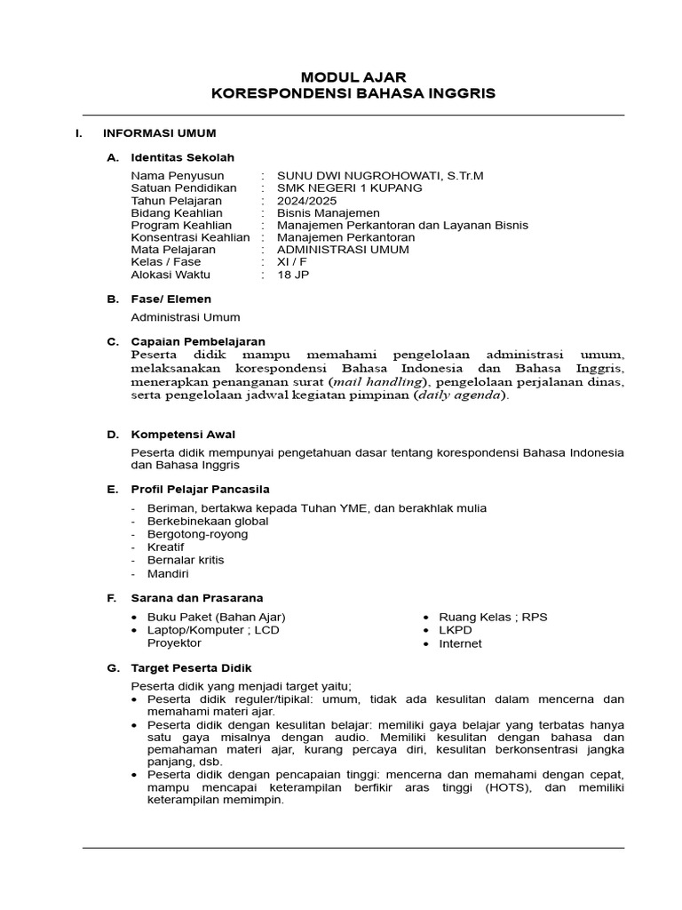 Modul Ajar Korespondensi Bing | PDF