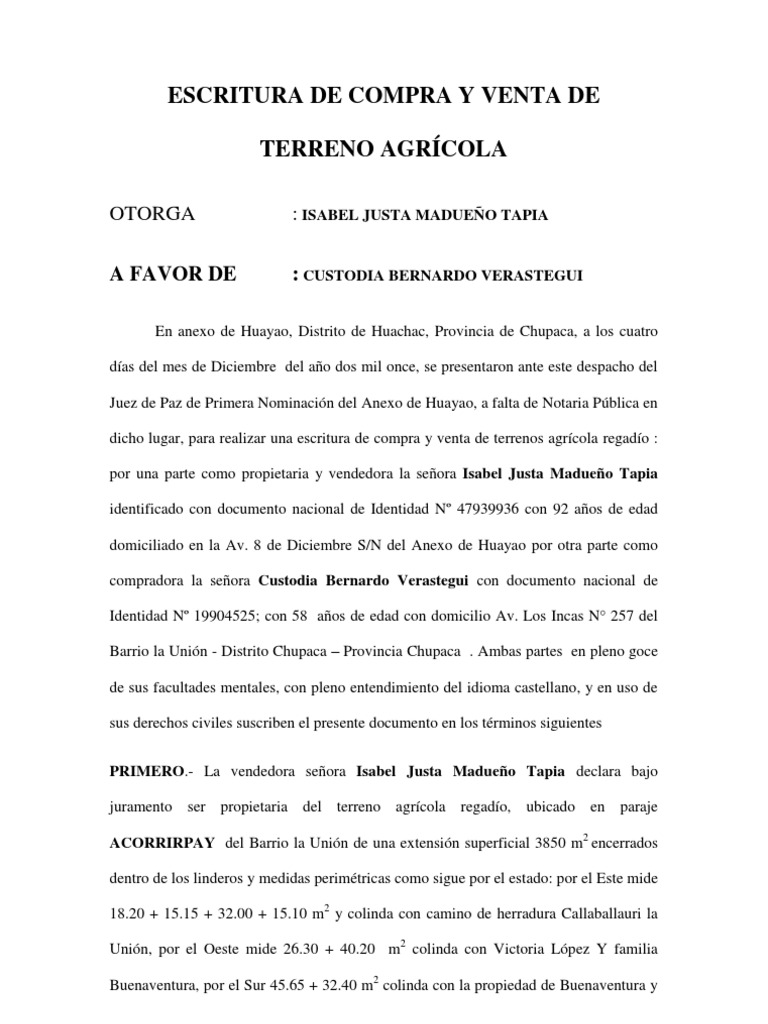 Escritura de compra y venta de terreno agrícola | Propiedad | Gobierno