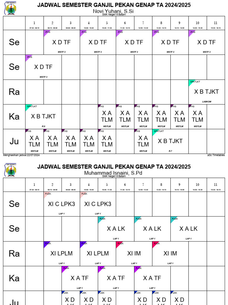 Jadwal Per Guru Pekan Genap Semester Ganjil Ta 2024 2025 | PDF