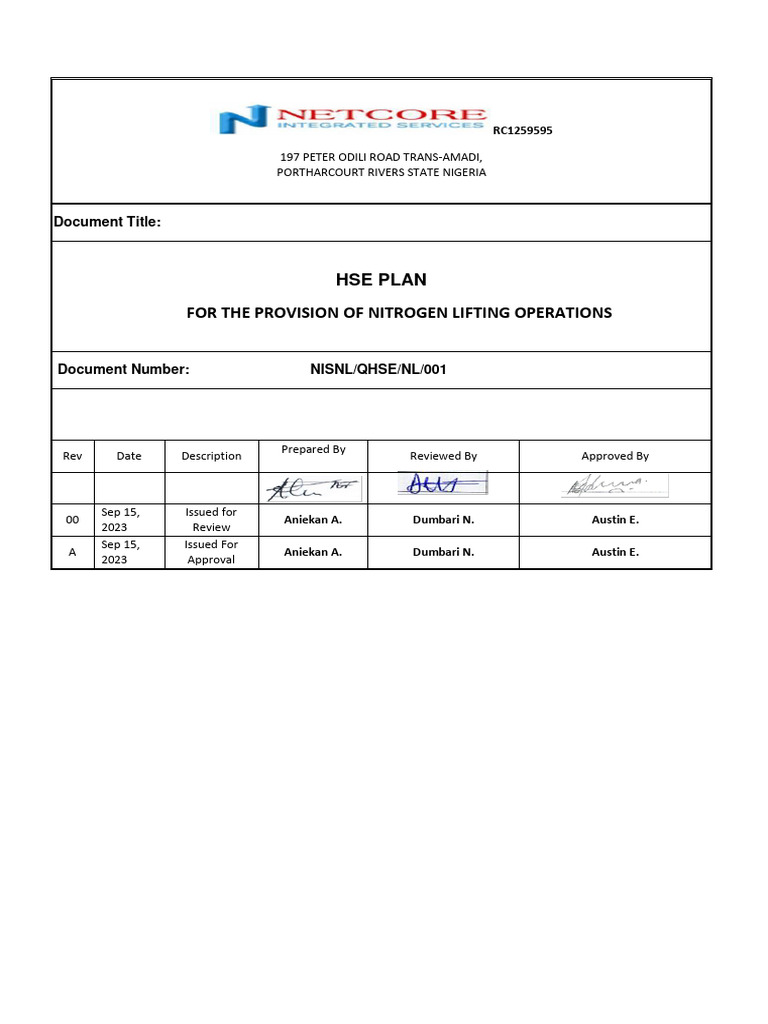 Hse Plan - Nitrogen Lifting Operations | PDF | Waste | Oil Spill