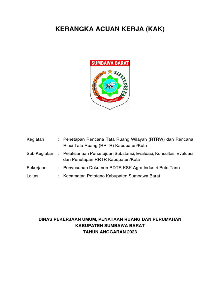 Kerangka Acuan Kerja KAK Penyusunan Dokumen RDTR KSK Agro Industri Poto ...