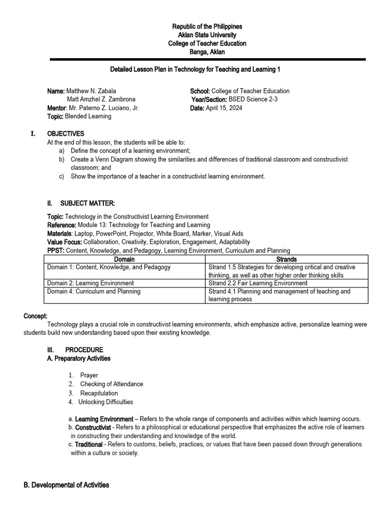 Detailed Lesson Plan in Technology For Teaching and Learning 2 | PDF | Constructivism ...