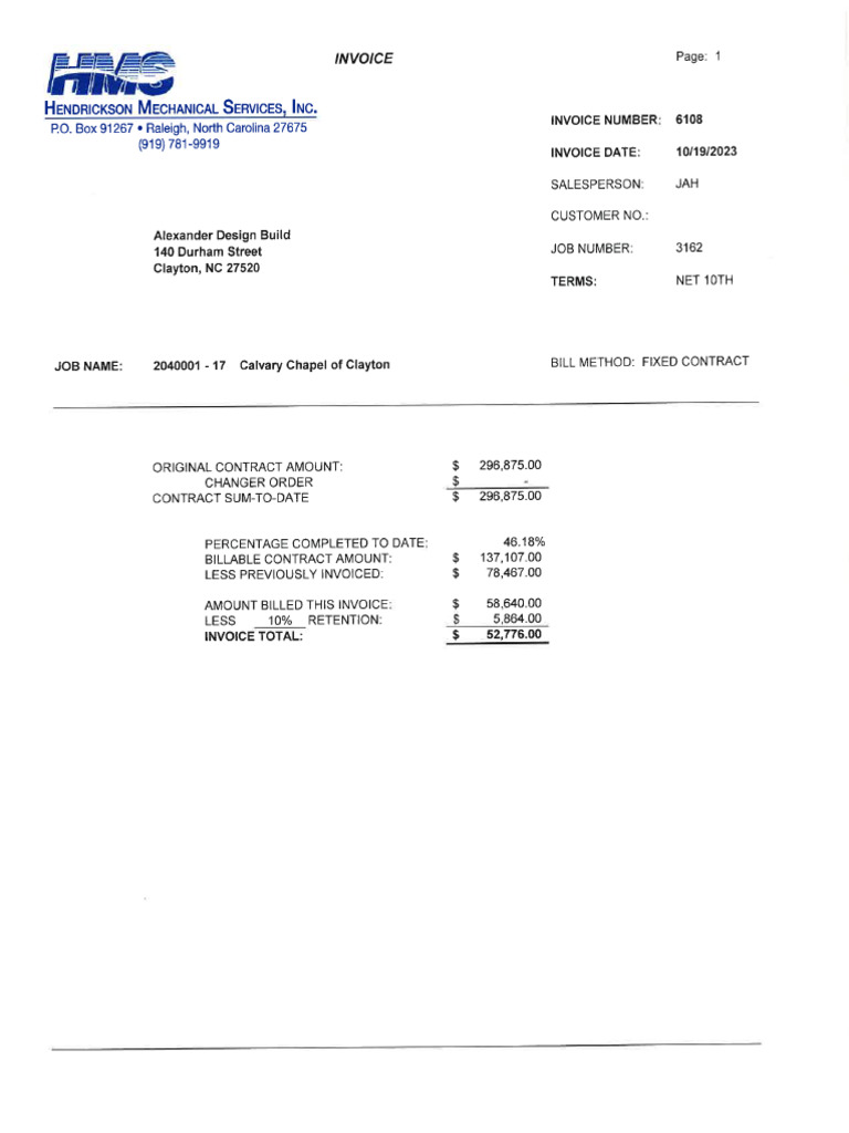 HMS - Alexander - Calvary Chapel - October Billing | PDF
