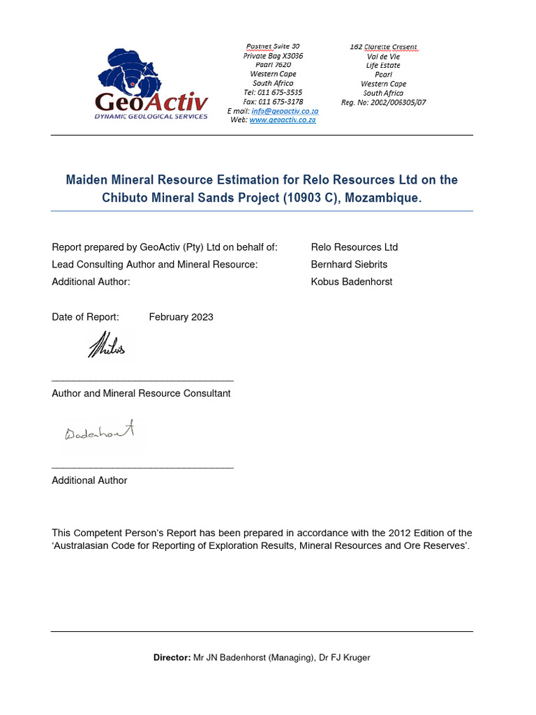 The Mineral Resource Estimation of The Chibuto Mineral Sands Final | PDF | Deposition (Geology ...