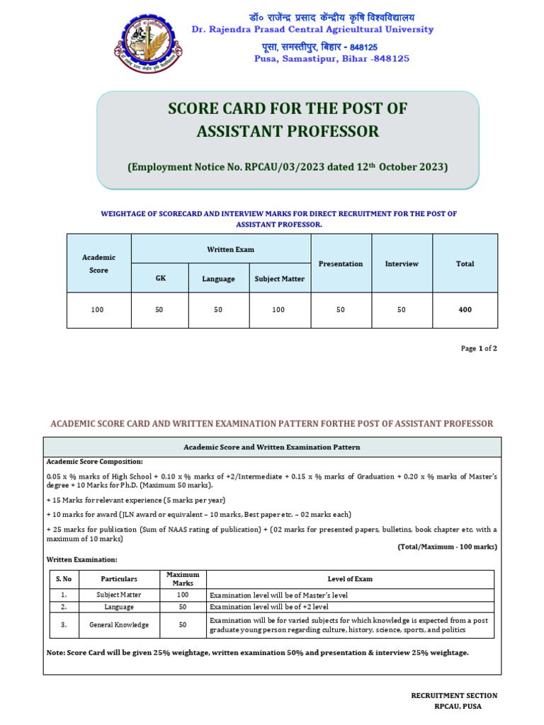 Assistant Professor Scorecard Overview | PDF | Educational Stages ...