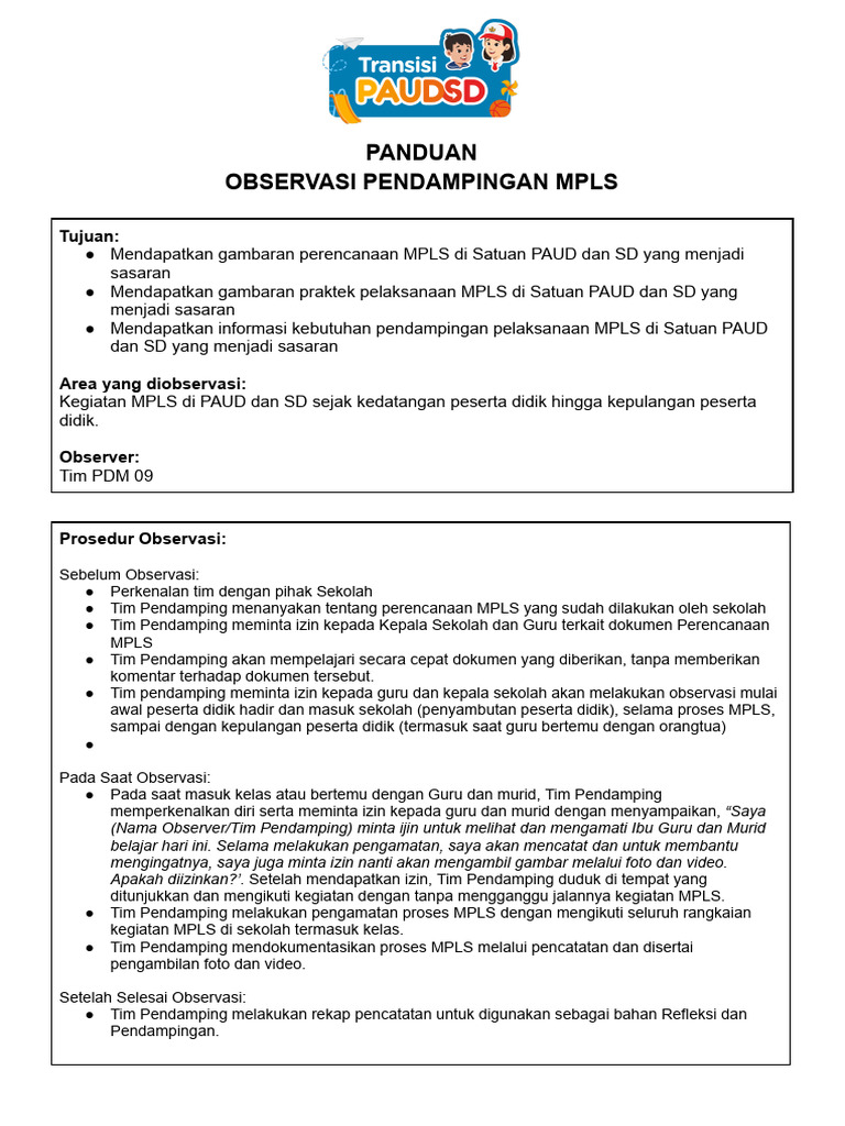 Panduan Observasi MPLS PAUD dan SD | PDF | Karier & Perkembangan