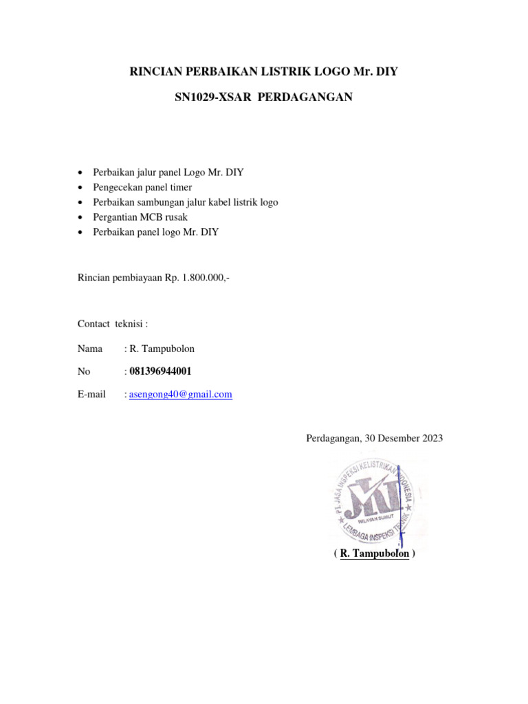 Rincian Perbaikan Listrik Logo Mr. DIY | PDF | Griya & Taman