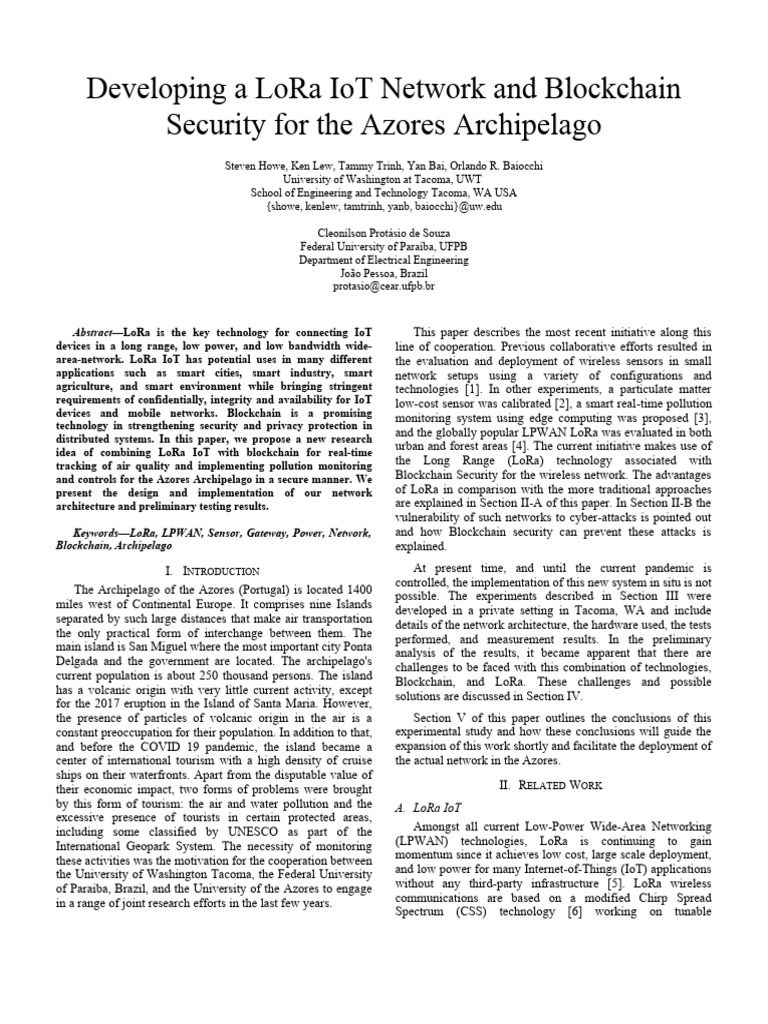 Developing A LoRa IoT Network and Blockchain Security For The Azores Archipelago | PDF ...