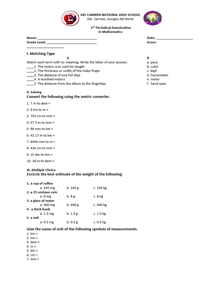 Math 7 Second Quarter Exam | PDF | Pound (Mass) | Kilogram