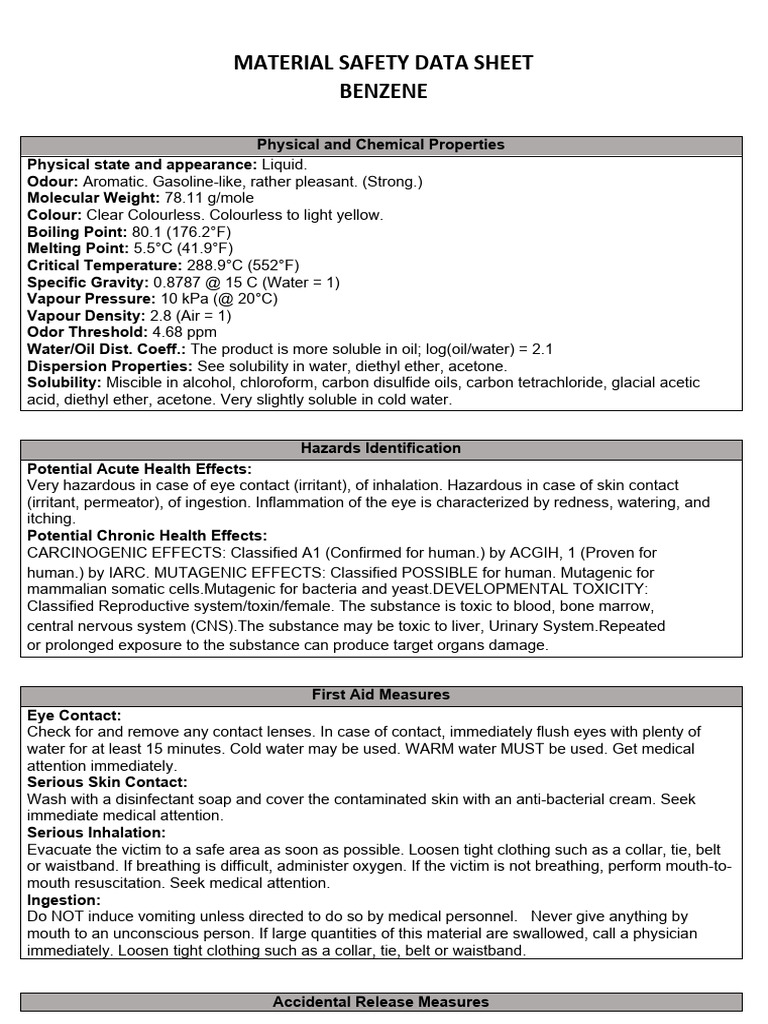 MSDS Benzene | PDF | Fires | Water