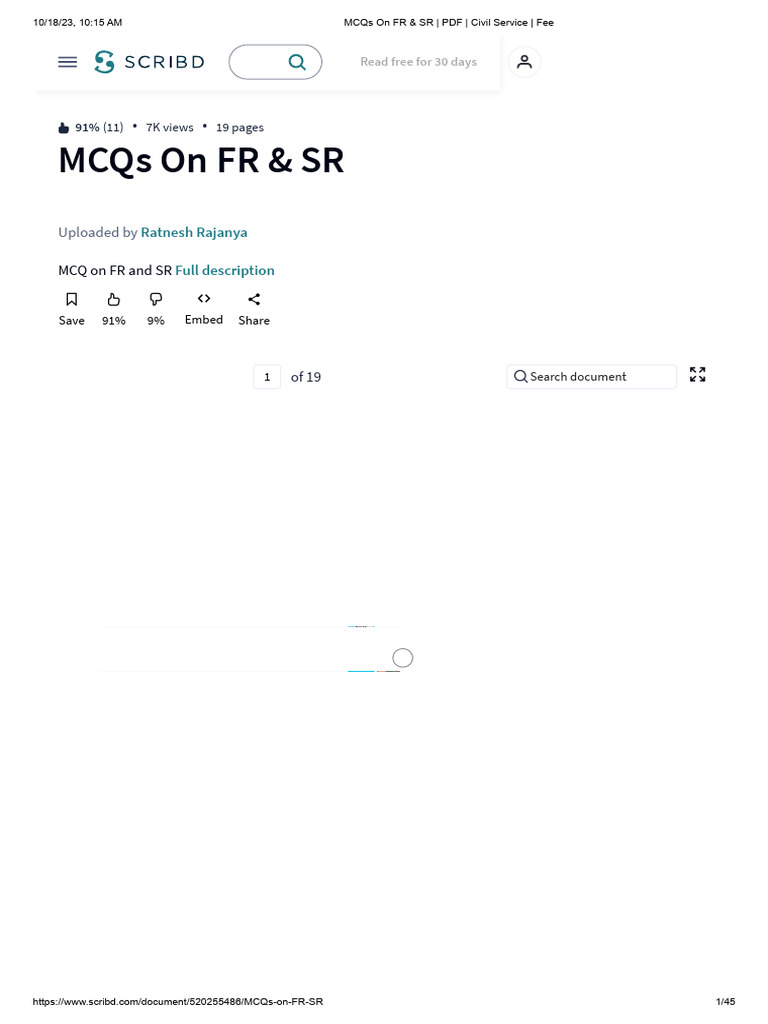 MCQs On FR & SR - PDF - Civil Service - Fee | PDF | Scribd | Multimedia