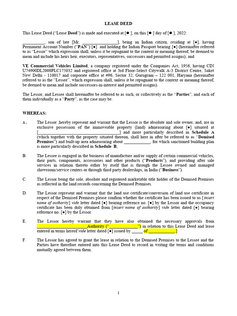 Lease Deed Draft Template | PDF | Lease | Arbitration