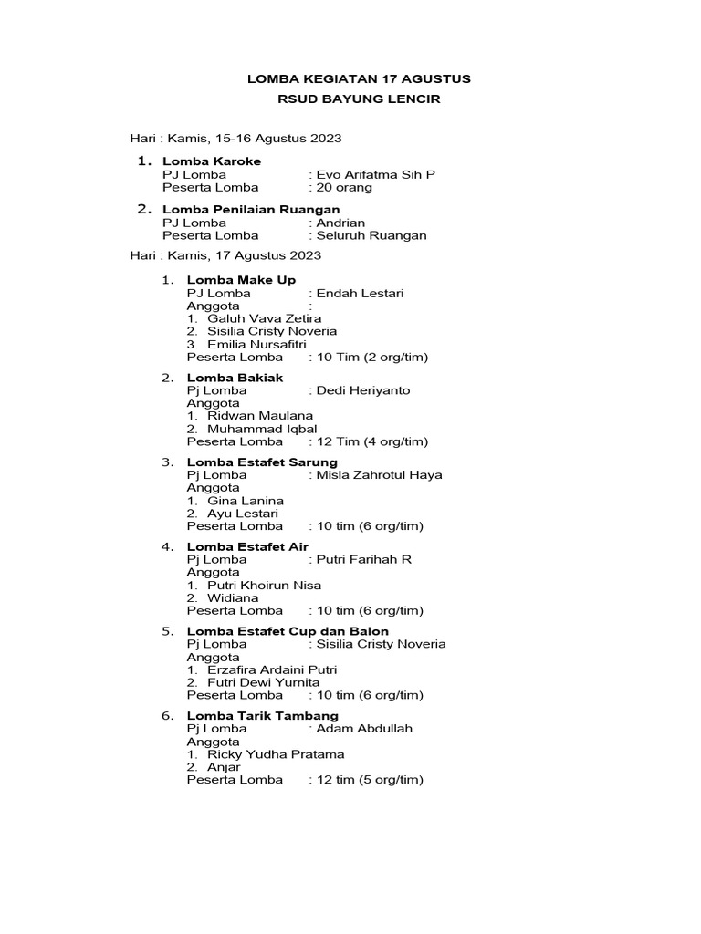 Daftar Lomba 17 Agustus | PDF