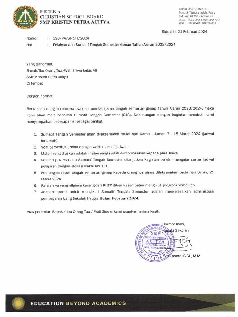 Surat Pemberitahuan Pelaksanaan STS Kelas Vii | PDF