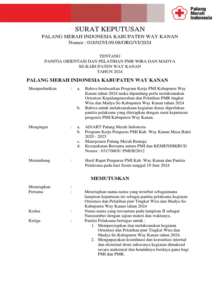 SK Panitia Pelatihan PMR 2024 Way Kanan | PDF