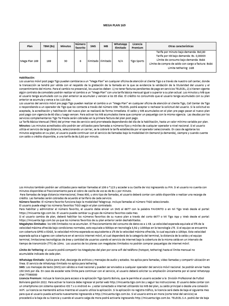 Caracteristicas Planes Mega Plan 169 | PDF | Tarjeta de débito ...