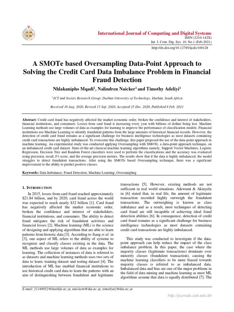 A SMOTe Based Oversampling Data-Point Approach To Solving The Credit Card Data Imbalance Problem ...