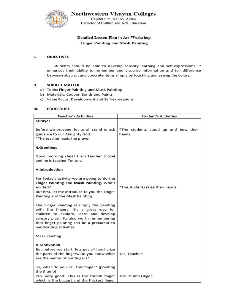 Lesson Plan For Finger Painting and Mask Painting | PDF | Paintings | Paint