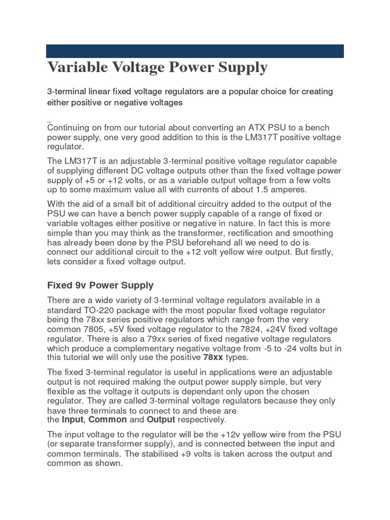 Variable Voltage Power Supply | PDF | Power Supply | Resistor
