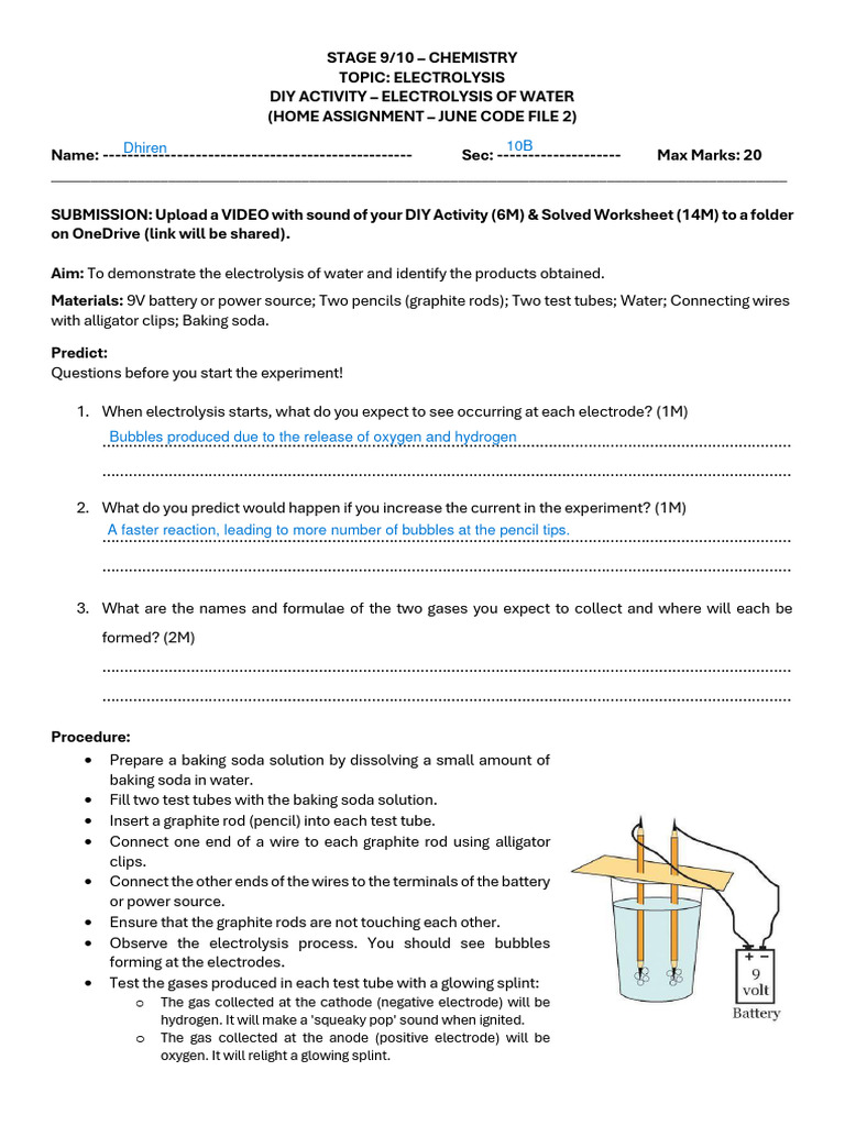 DIY - Electrolysis of Water (June Assessment 2) | PDF | Anode | Electrode