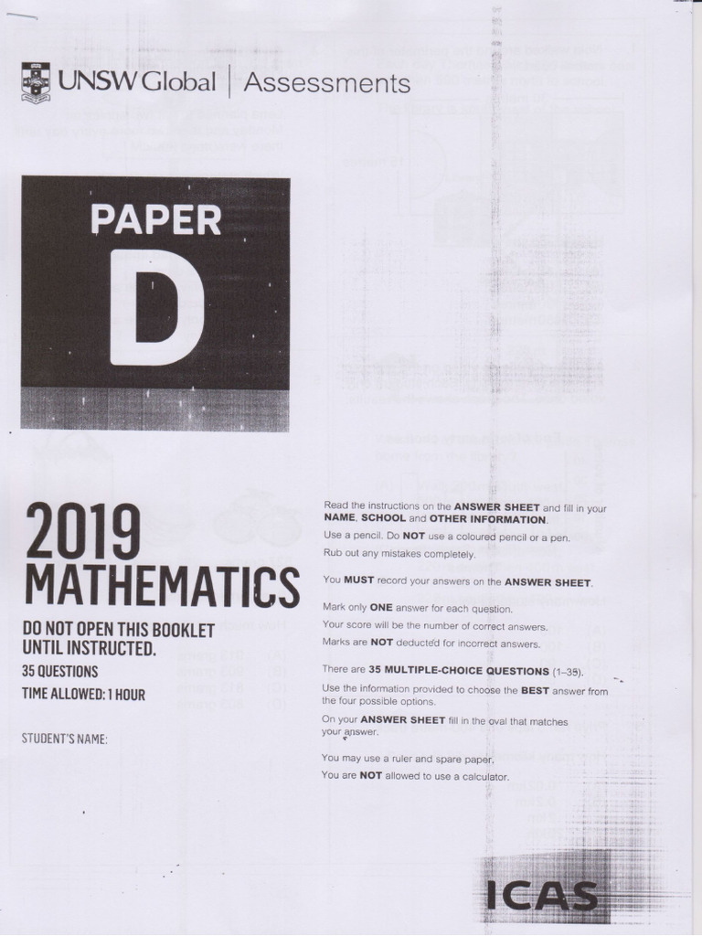2019 Math D ICAS and Answer | PDF