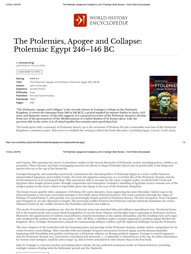 The Ptolemies, Apogee and Collapse by John D Grainger (Book Review ...