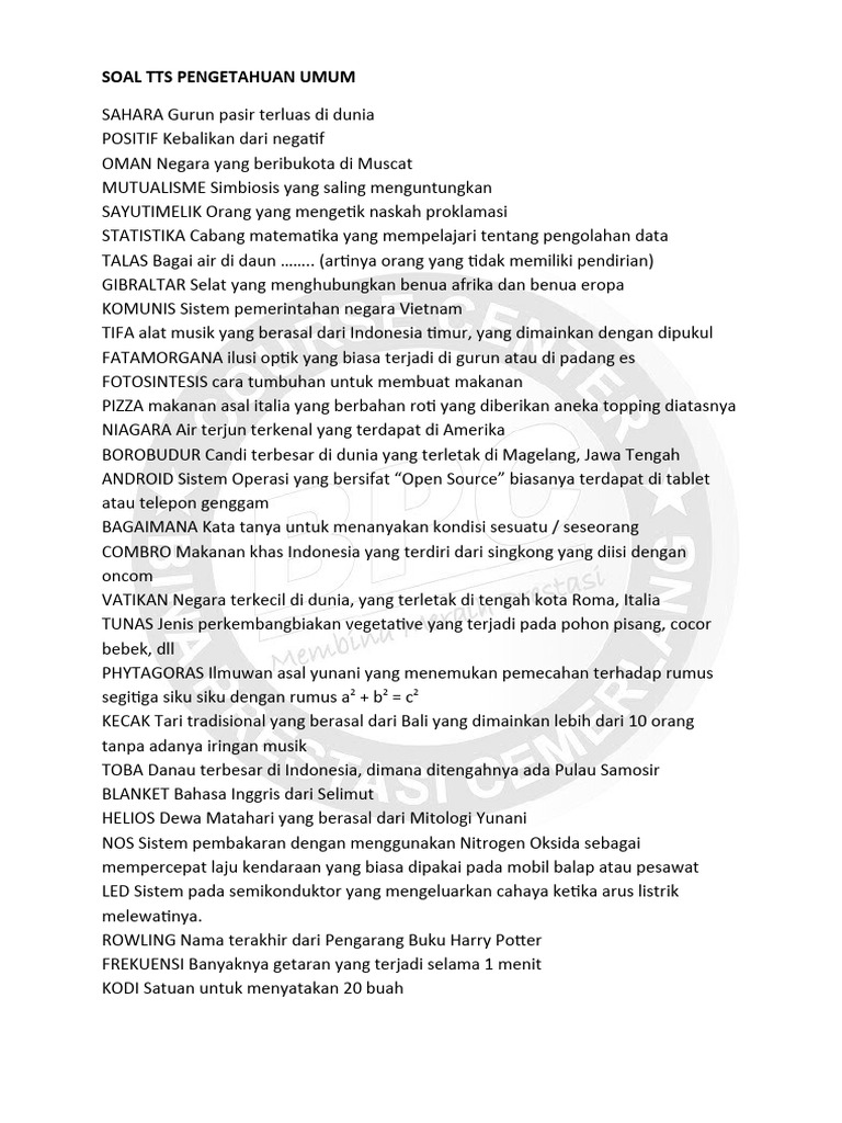 Soal TTS Pengetahuan Umum dan Matematika | PDF
